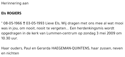 Els Rogiers († 03/05/1993) | Inmemoriam